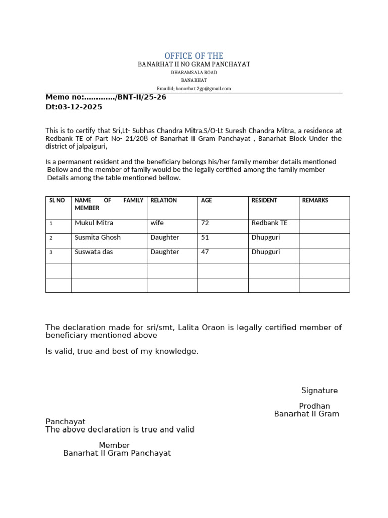 Banarhat II Gram Panchayat Certification Document | PDF
