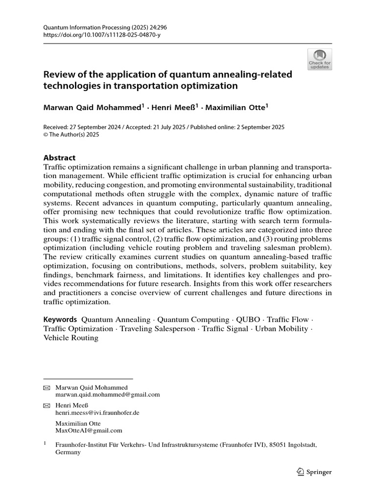 Review of The Application of Quantum Annealing-Related Technologies in Transportation ...