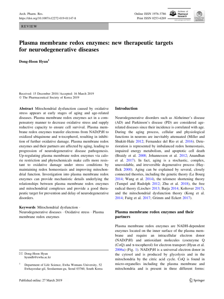 Plasma Membrane Redox Enzymes in Neurodegeneration | PDF ...