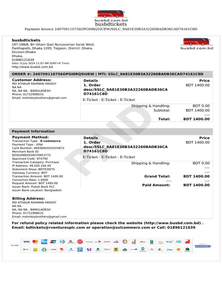 BusBD E-Ticket Payment Invoice | PDF | Payments | Financial Technology