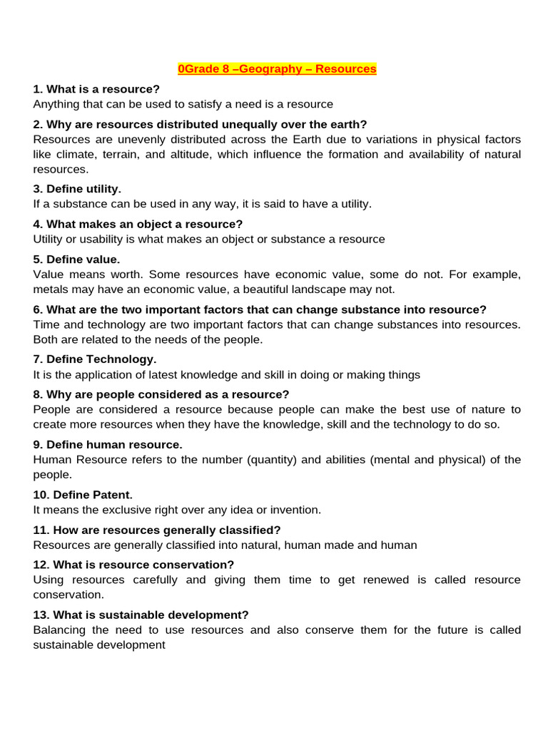 Grade 8 Geography: Understanding Resources | PDF | Resource | Earth ...