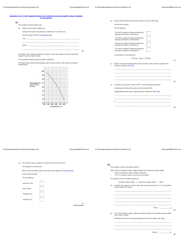 6.2 Reversible Reactions & Dynamic Equilibrium (H) QP | PDF | Chemical ...