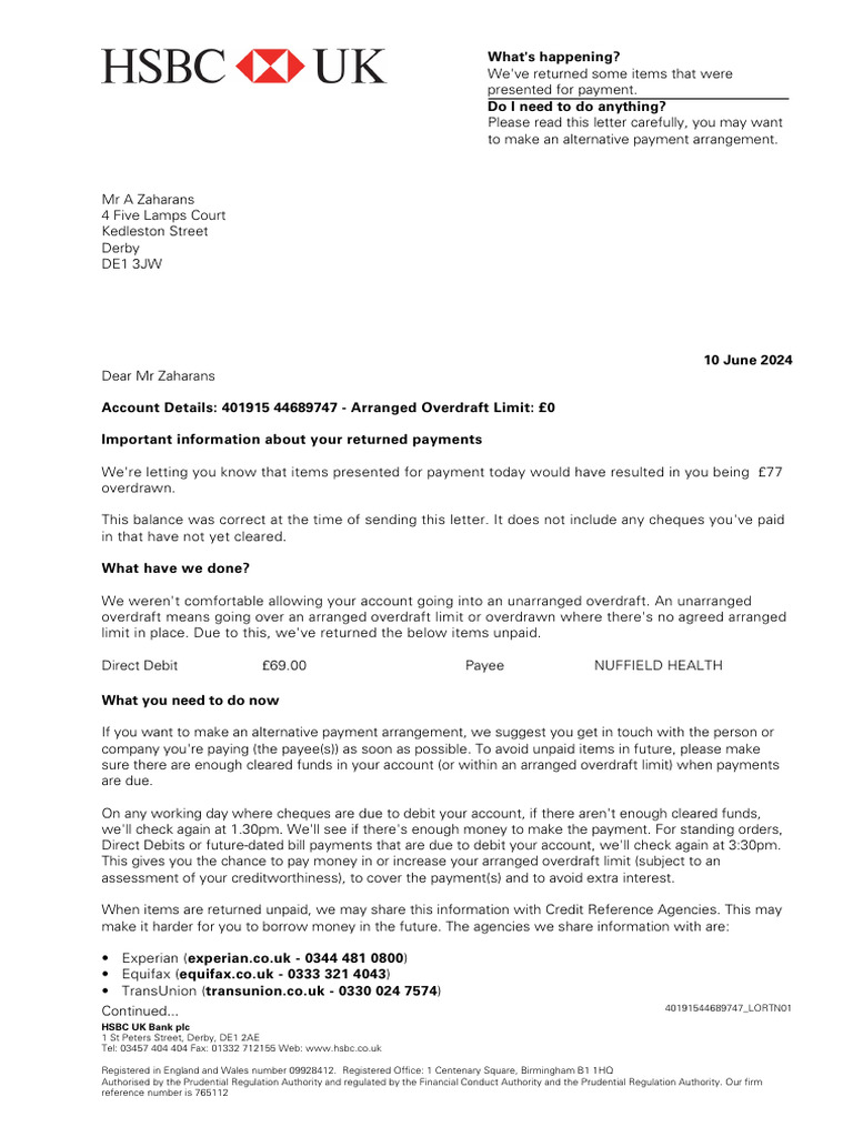 HSBC Returned Payment Notification | PDF | Overdraft | Payments