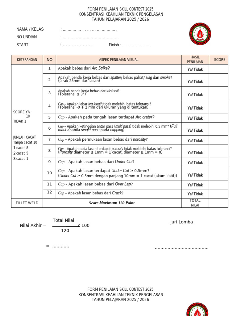 Form Penilaian Skill Contest Pengelasan | PDF