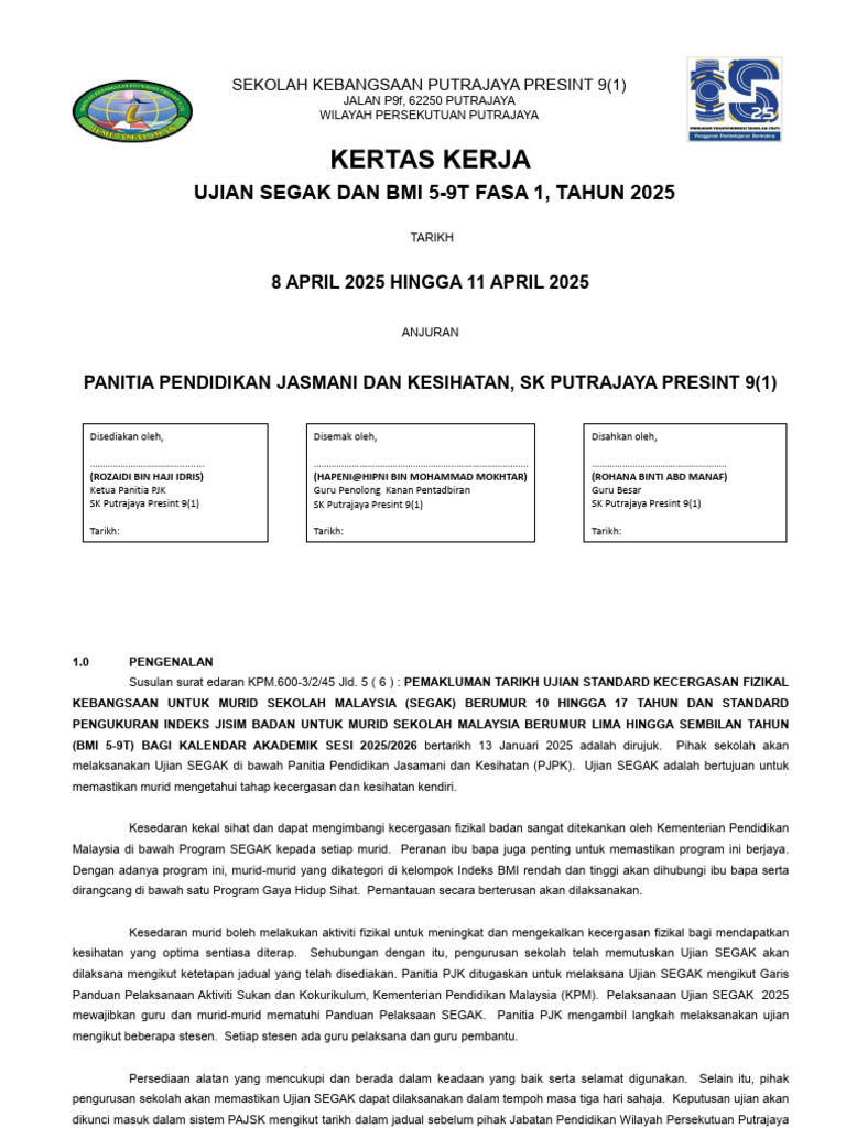 Kertas Kerja Segak & Bmi Fasa 1 2025 | PDF