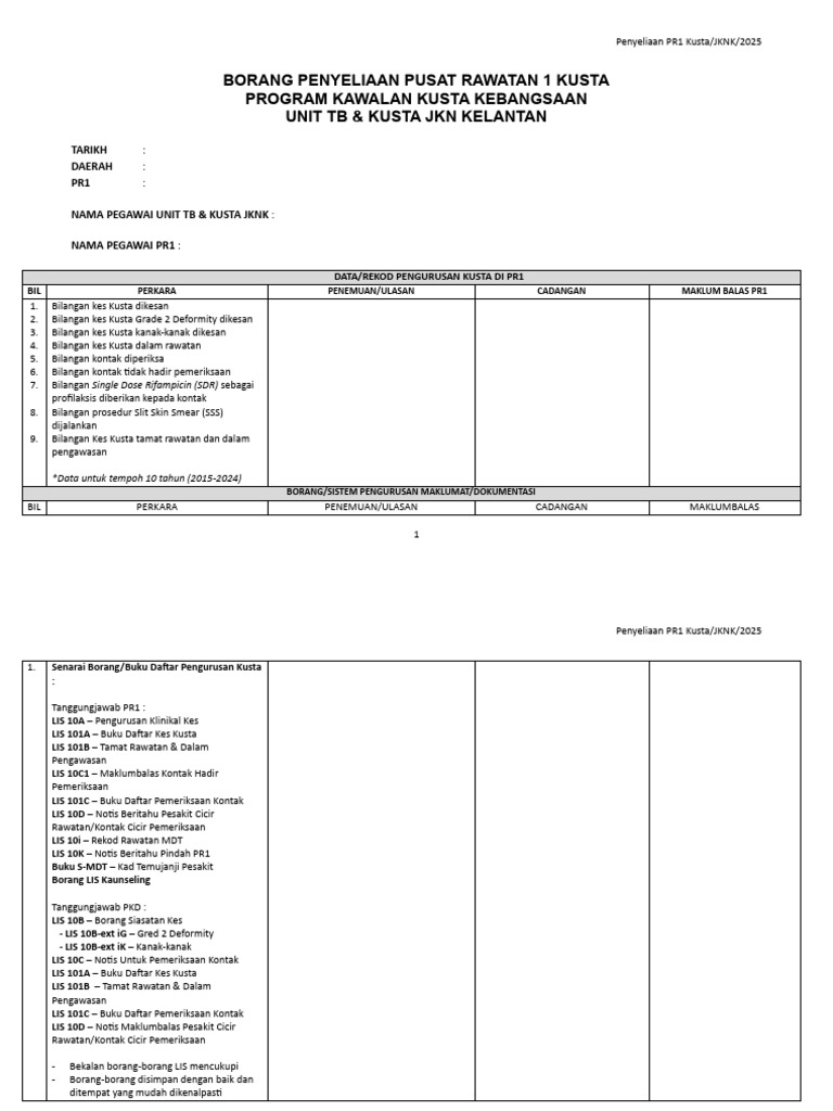 Borang Penyeliaan PR1 Kusta JKN Kelantan 2025 | PDF