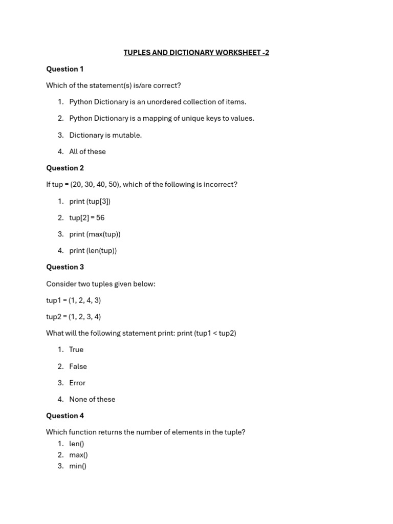 Python Tuples and Dictionary Worksheet | PDF