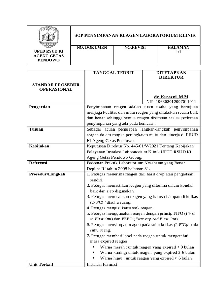 SOP Penyimpanan Reagen Laboratorium | PDF