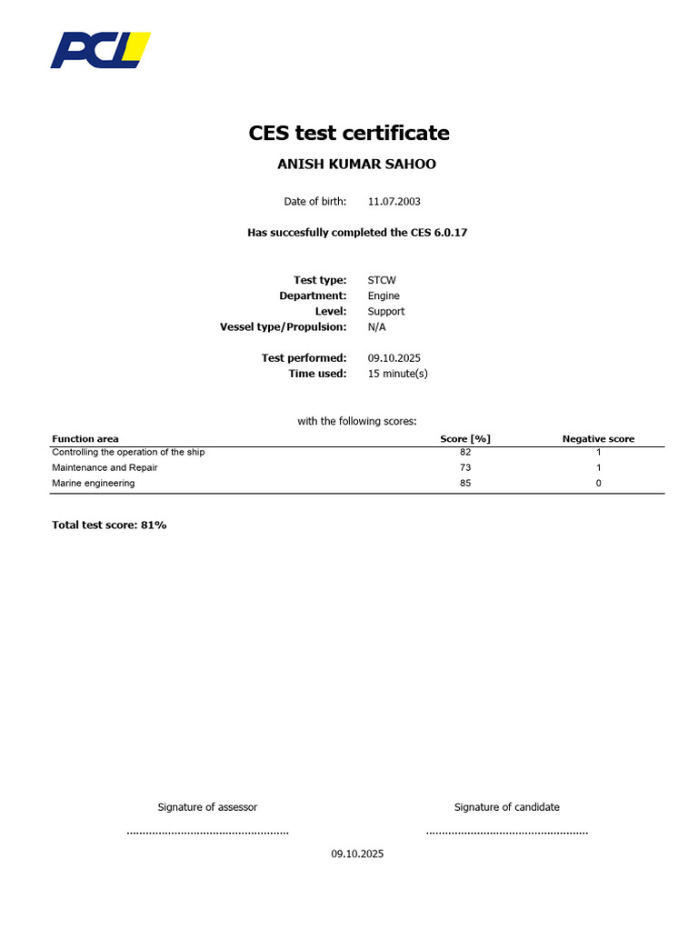 CES Test Certificate | PDF