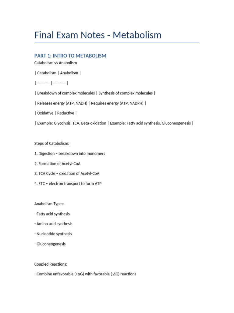 Metabolism Final Exam Notes | PDF | Glycolysis | Adenosine Triphosphate