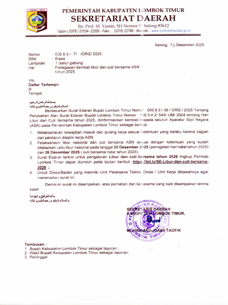 Surat Penegasan Libur Dan Cuti Bersama ASN 2025 | PDF