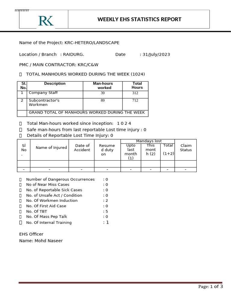 Weekly EHS Statistics Report - July 2023 | PDF | Employment | Wound