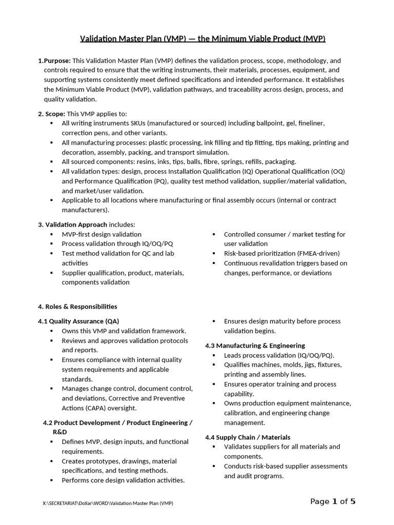 Validation Master Plan for Writing Instruments | PDF | Verification And ...