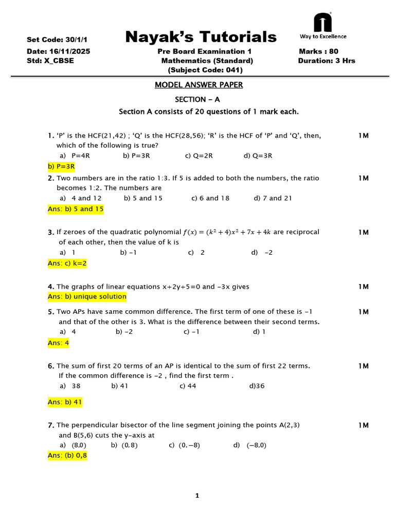 CBSE Class 10 Math Pre Board Model Paper | PDF | Circle | Mathematical ...