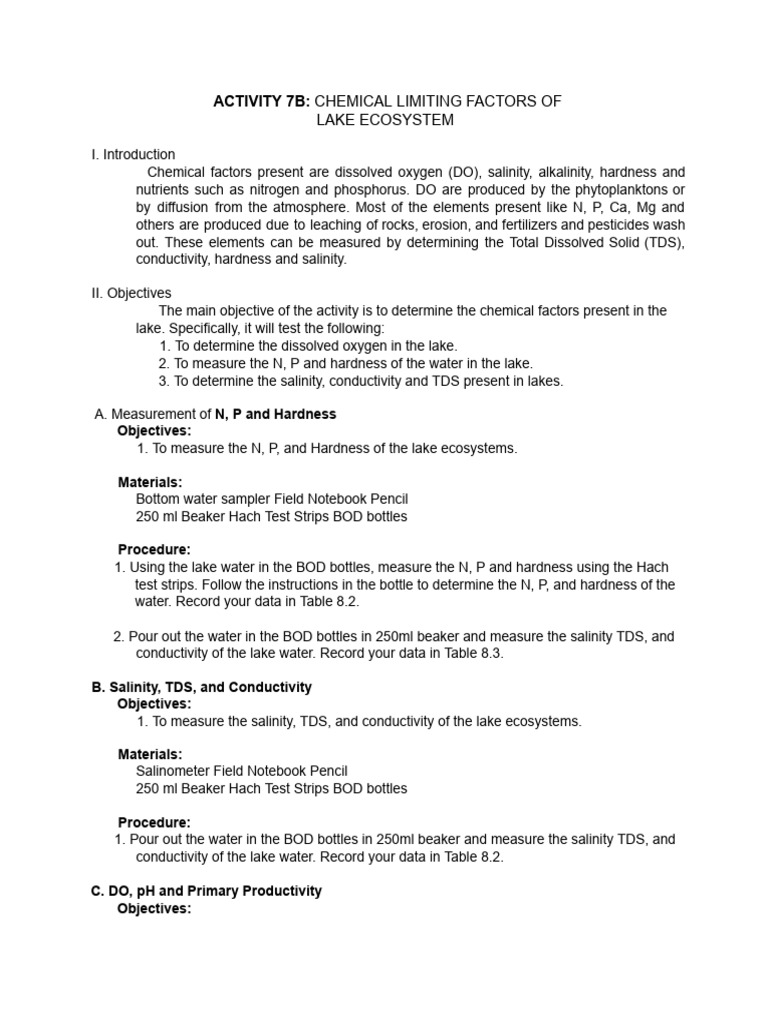 Activity 7b Chemical Limiting Factors of Lake Ecosystem(3) (1) | PDF ...