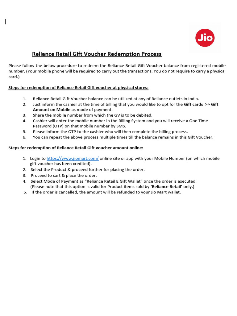 Reliance Retail Gift Voucher Redemption Guide | PDF