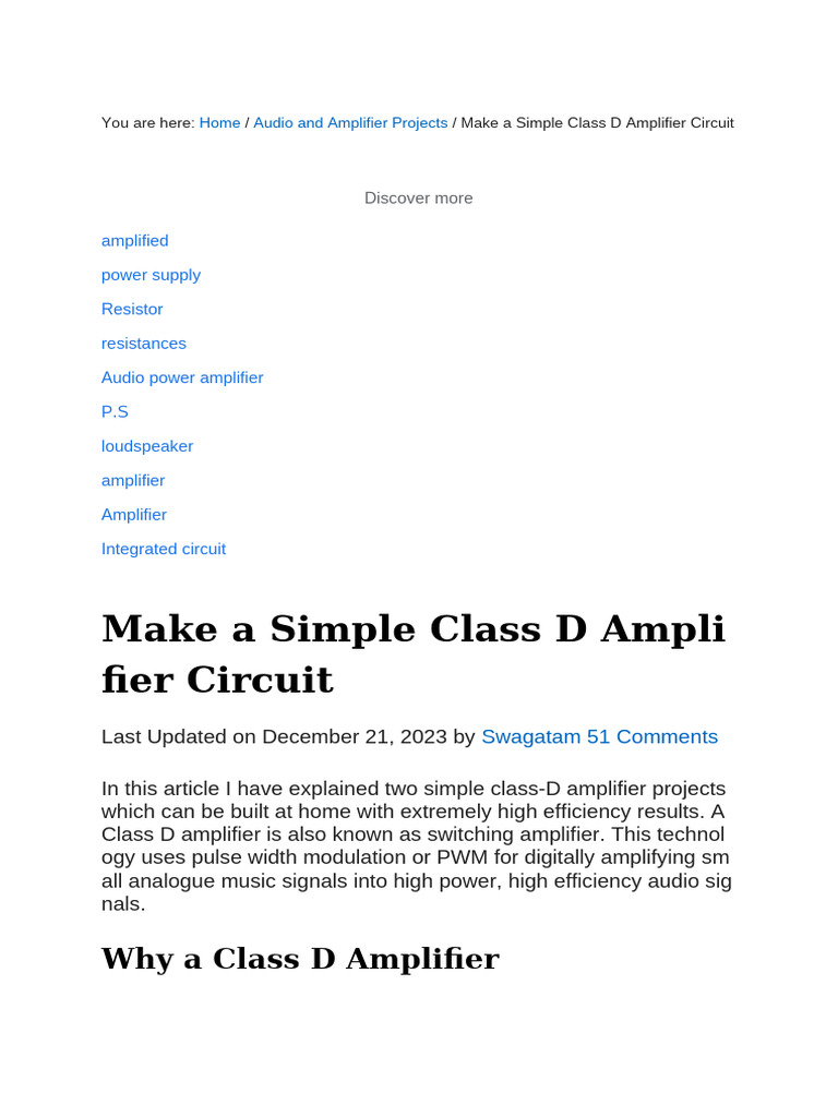 Build a Simple Class D Amplifier | PDF | Amplifier | Operational Amplifier