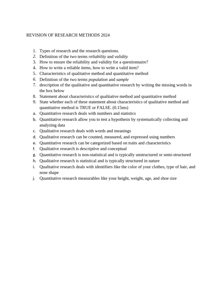 Revision of Research Methods 2024 | PDF