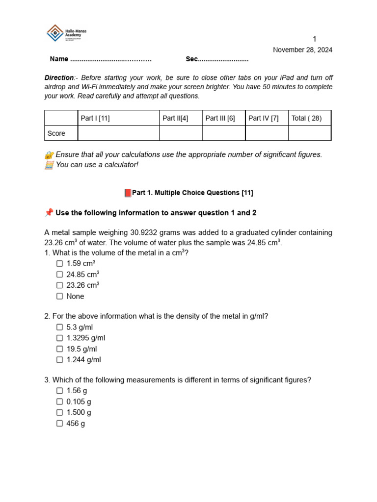 Chemistry Measurement Practice Test | PDF | Significant Figures ...