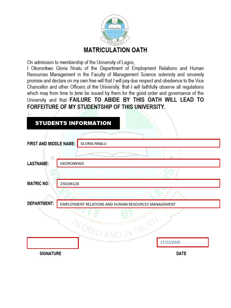 University of Lagos Matriculation Oath | PDF