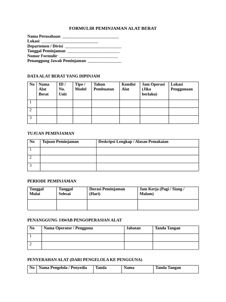 Formulir Peminjaman Alat Berat | PDF