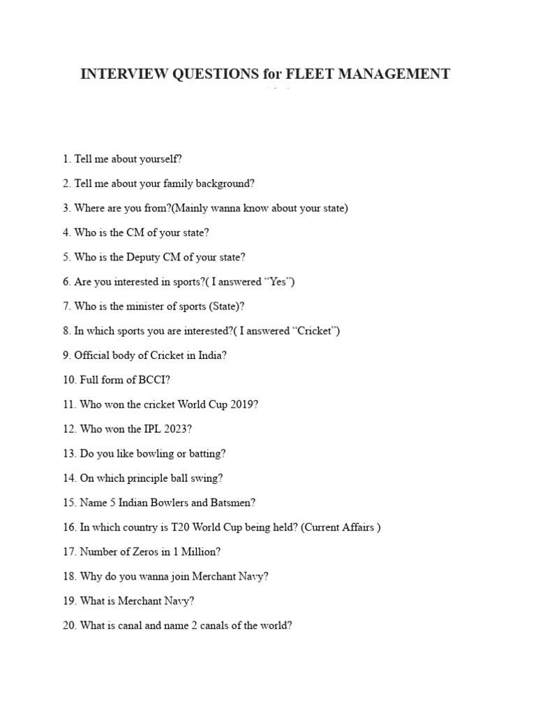 Interview Questions For Fleet Management (1) | PDF