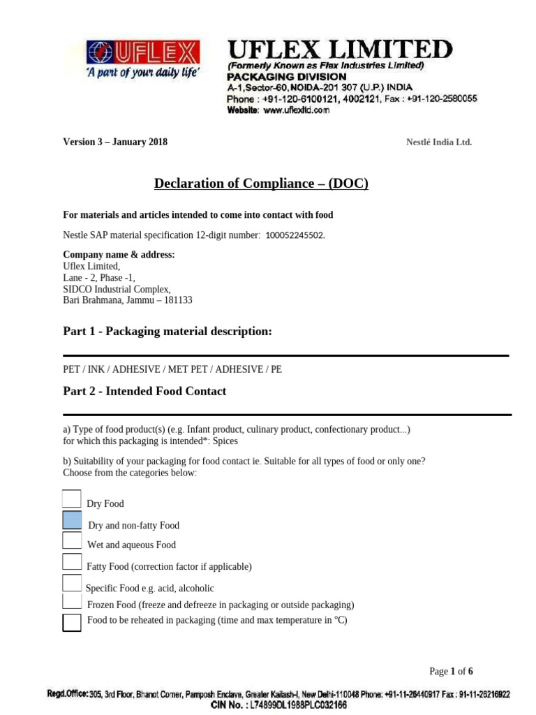 Nestlé India Food Contact Compliance Document | PDF | Regulatory ...