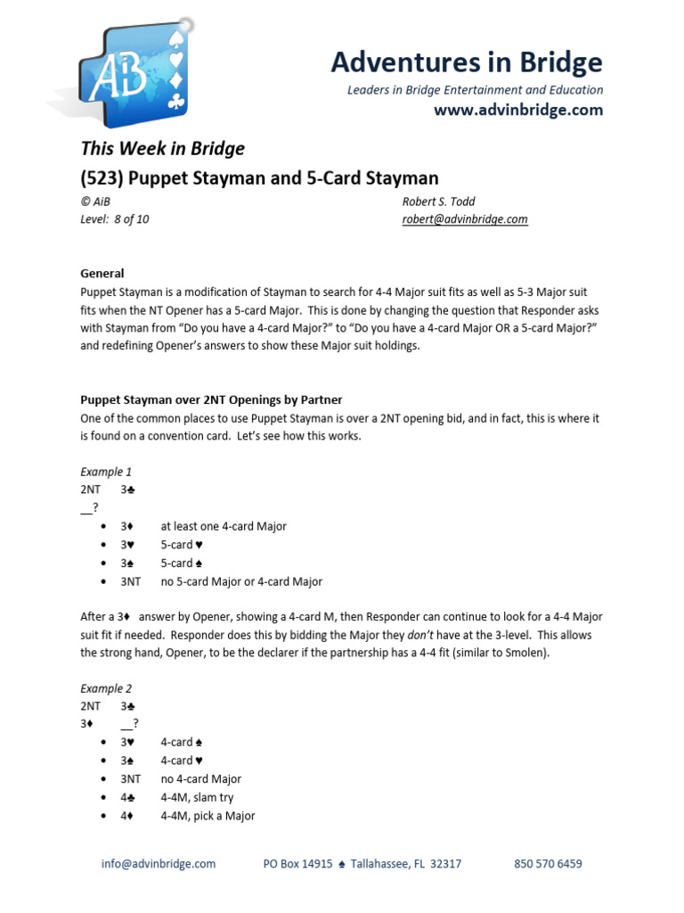 AIB 523 - Puppet Stayman and 5-Card Stayman | PDF | Contract Bridge