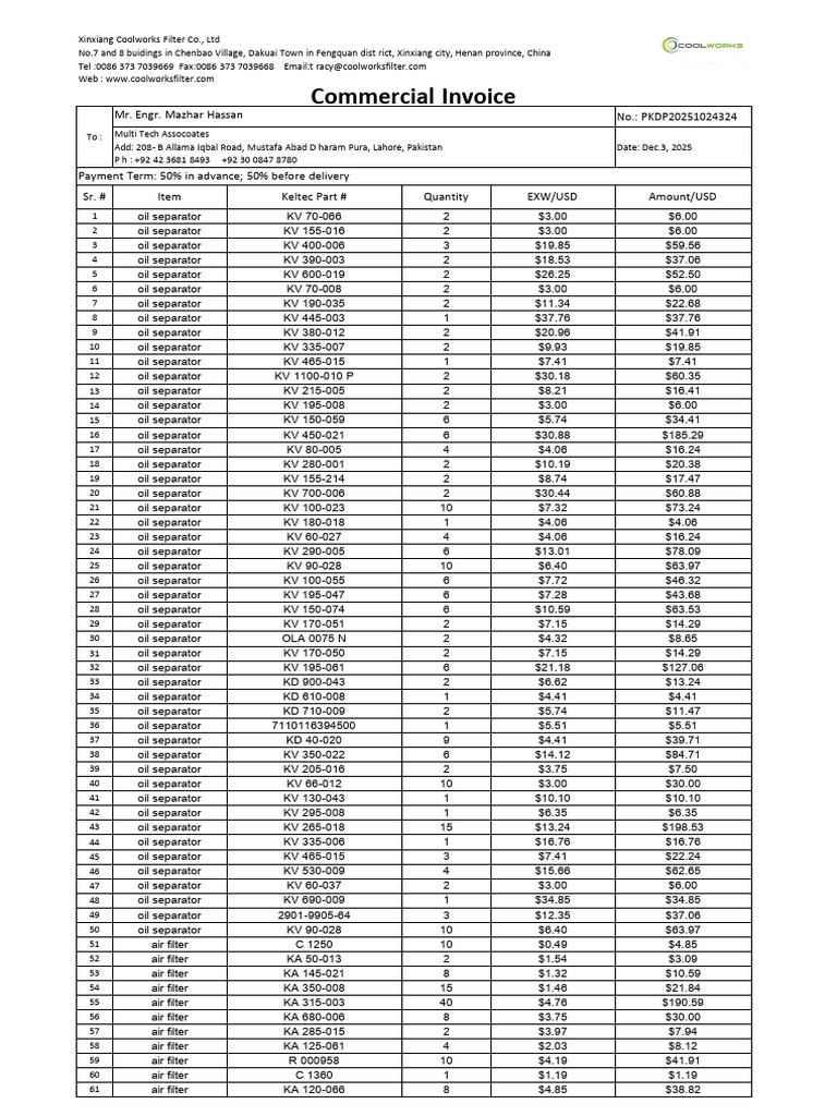 Commercial Invoice for Oil and Air Filters | PDF | Water Treatment ...