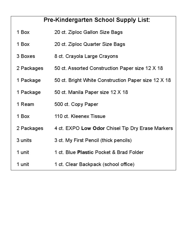 Pre-Kindergarten School Supply List | PDF | Pencil | Stationery