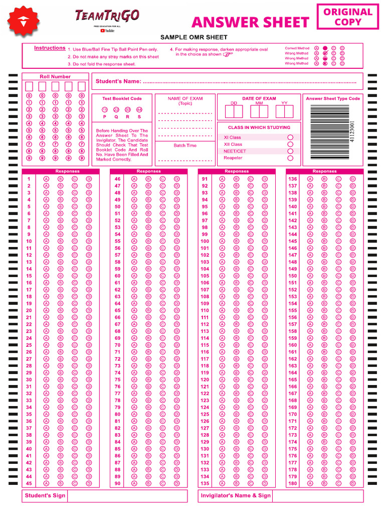 (@urstrulyrm) Omr Sheet 180 Ques | PDF