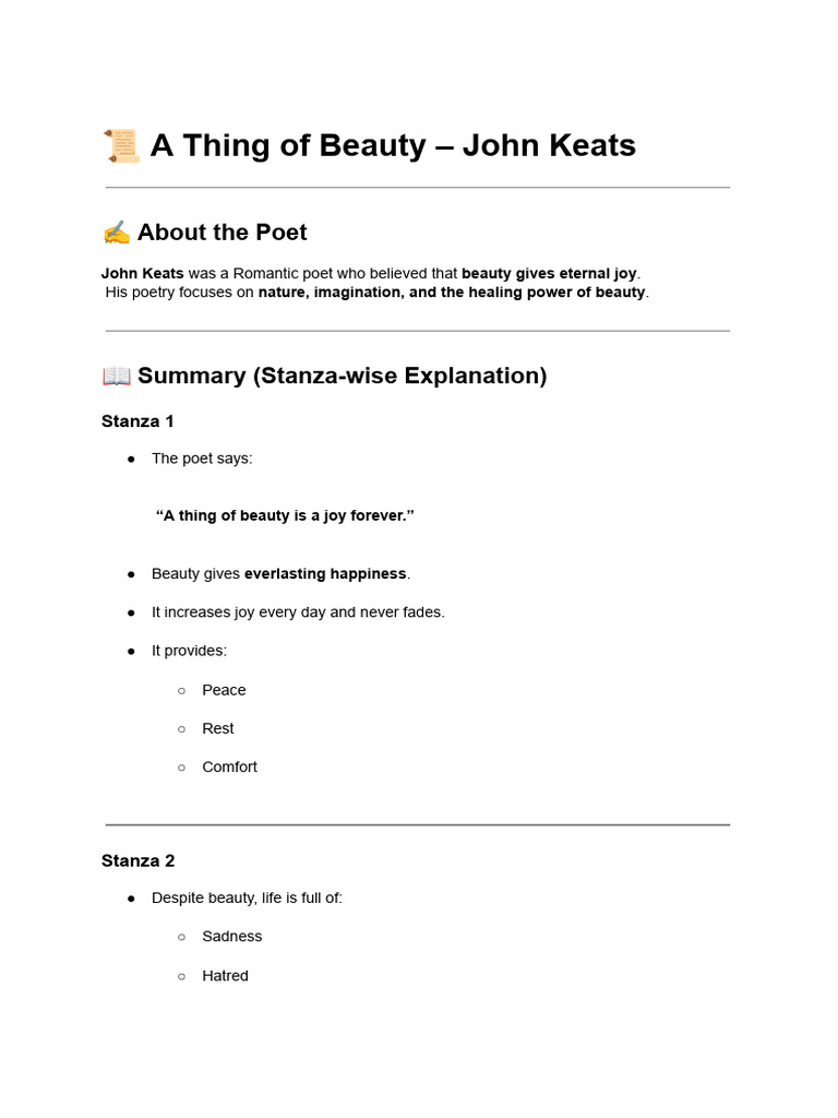 ? A Thing of Beauty - John Keats | PDF | Poetry