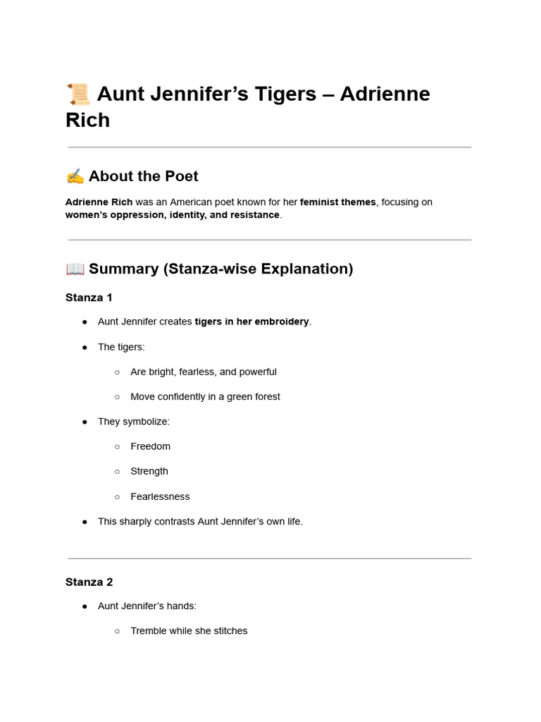 ? Aunt Jennifer's Tigers - Adrienne Rich | PDF | Feminism | Gender Studies