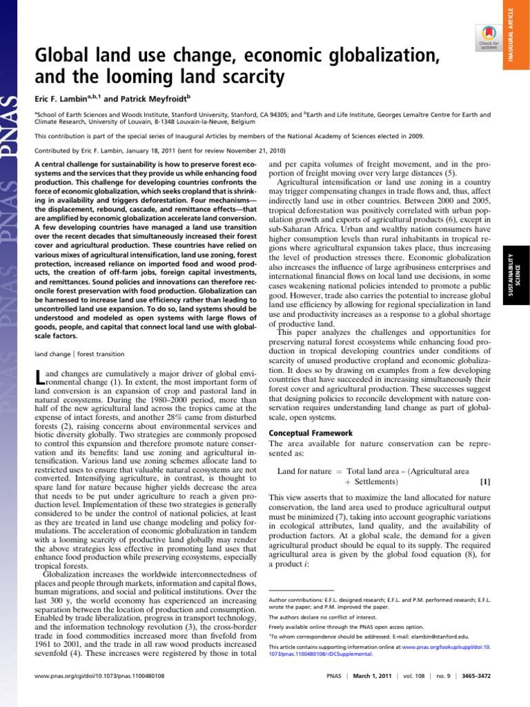 Lambin Meyfroidt 2011 Global Land Use Change Economic Globalization and ...