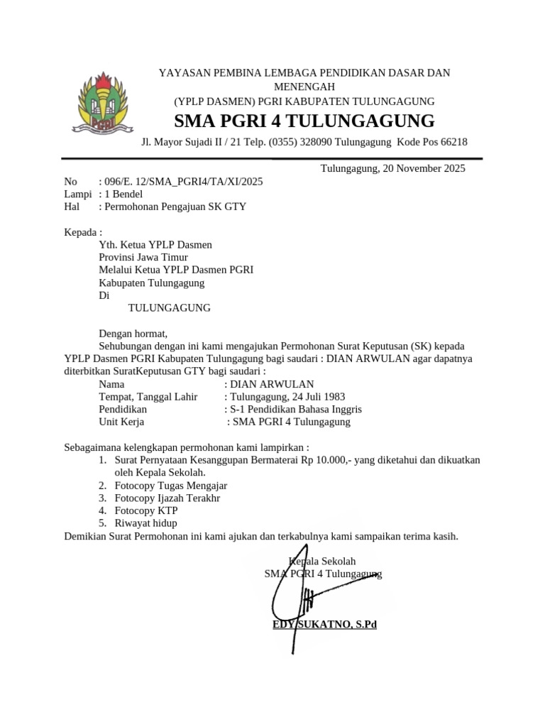 Permohonan SK GTY untuk Dian Arwulan | PDF