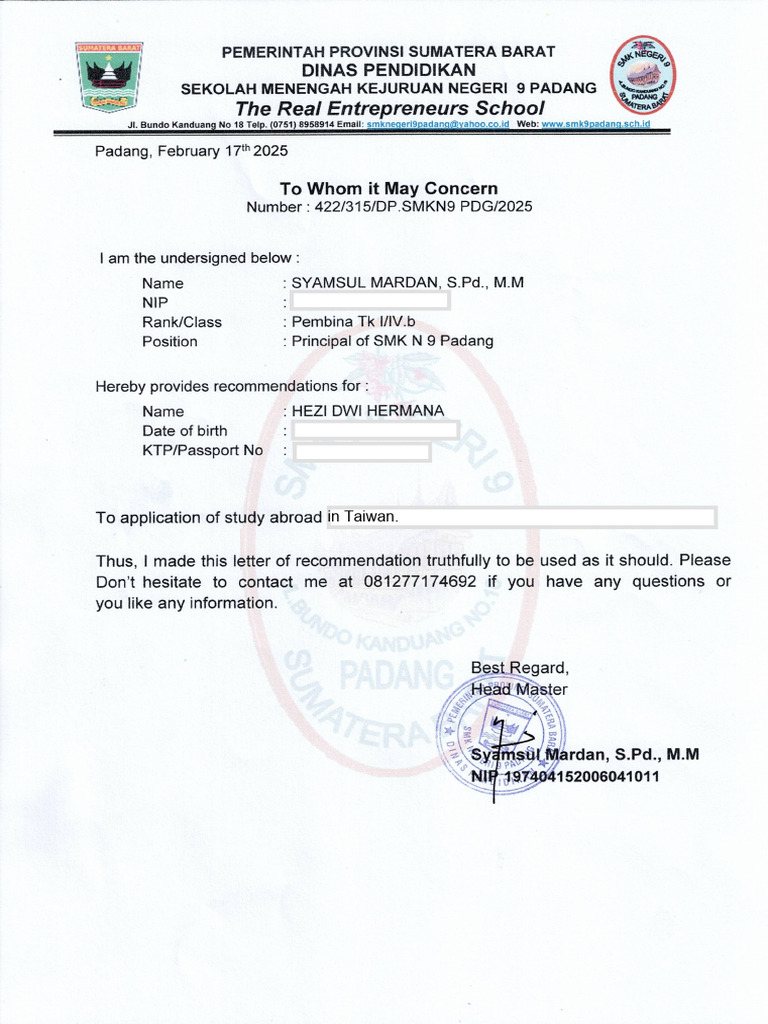 CONTOH Letter of Recoomendation | PDF