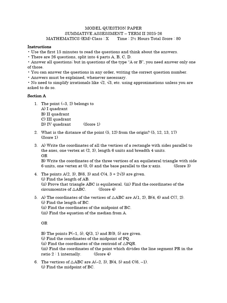 SSLC Second Term Model Question Paper 2025- Mathematics EM | PDF ...