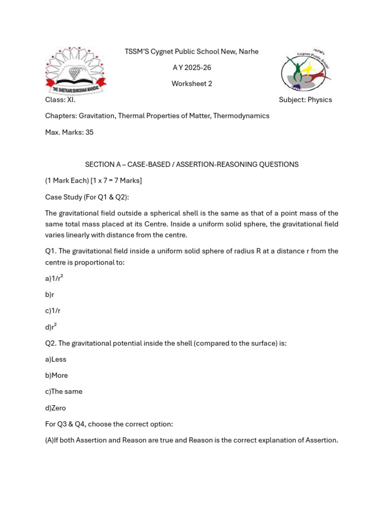 Physics Worksheet for Class XI: Gravitation & Thermodynamics | PDF ...