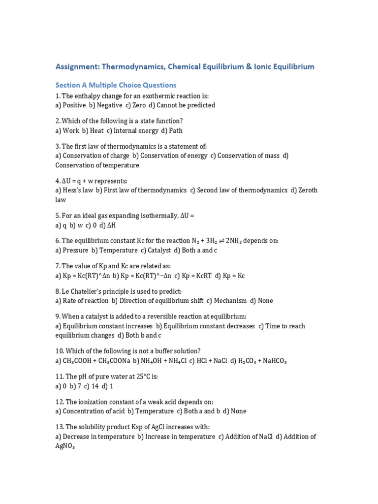 Thermodynamics Chemical Equilibrium Assignment | PDF | Chemical ...