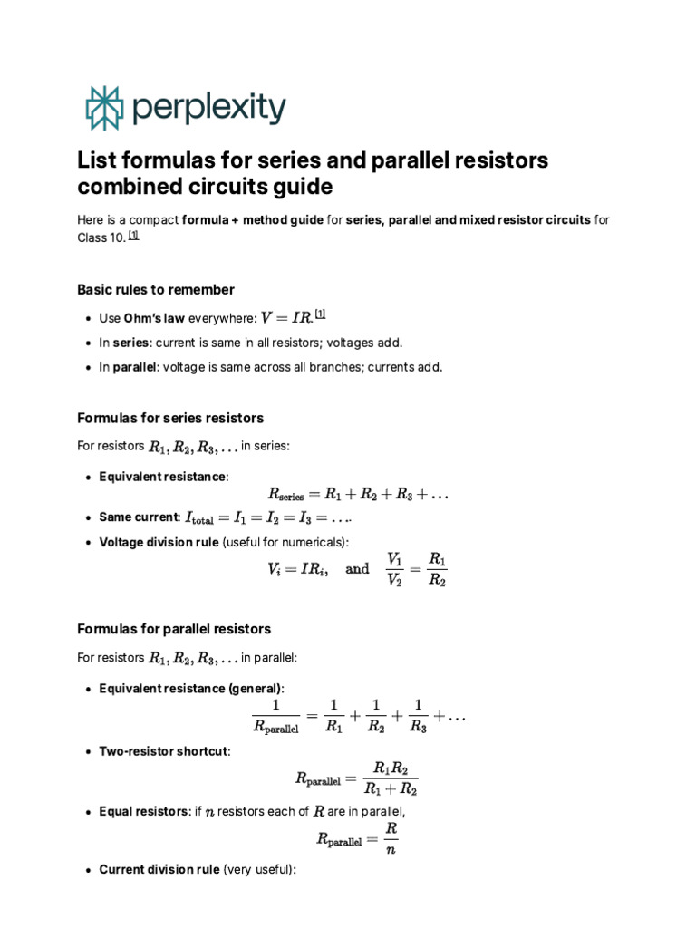 List Formulas for Series and Parallel Resistors Co | PDF | Series And ...