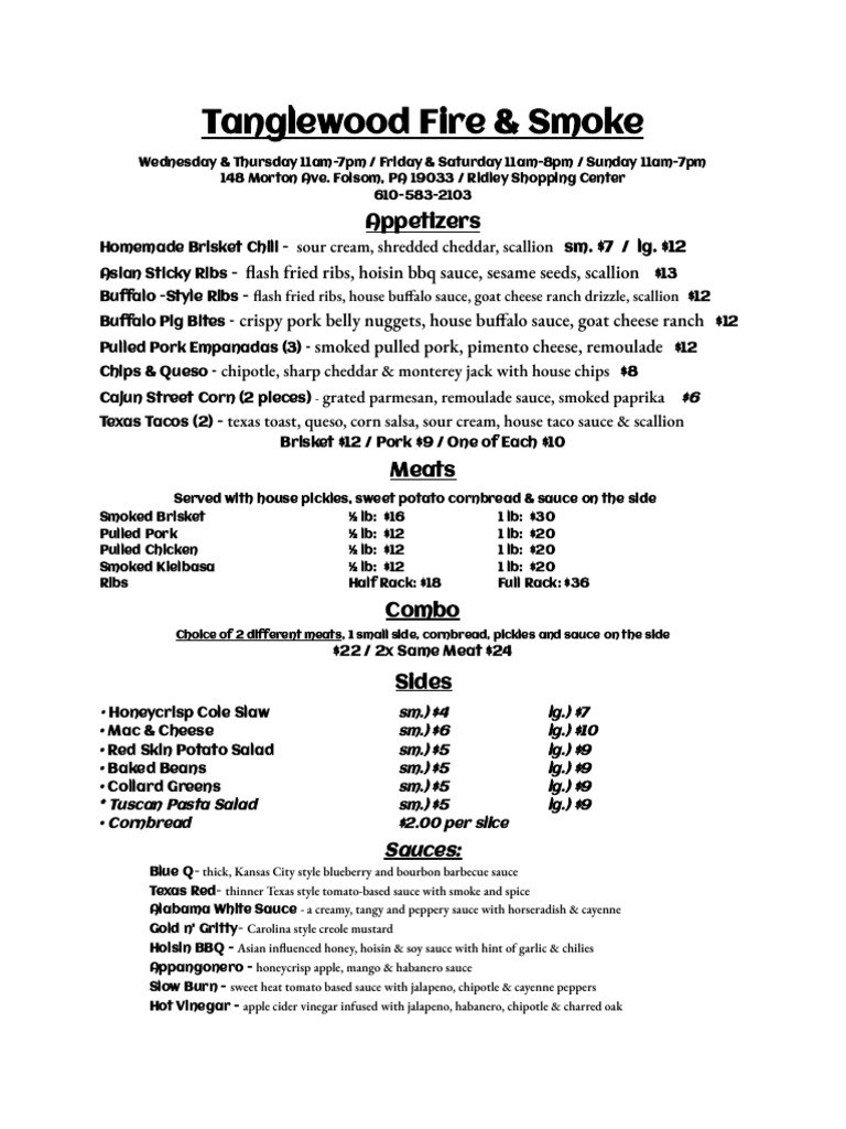 Tanglewood Menu | PDF | Coleslaw | Hamburgers