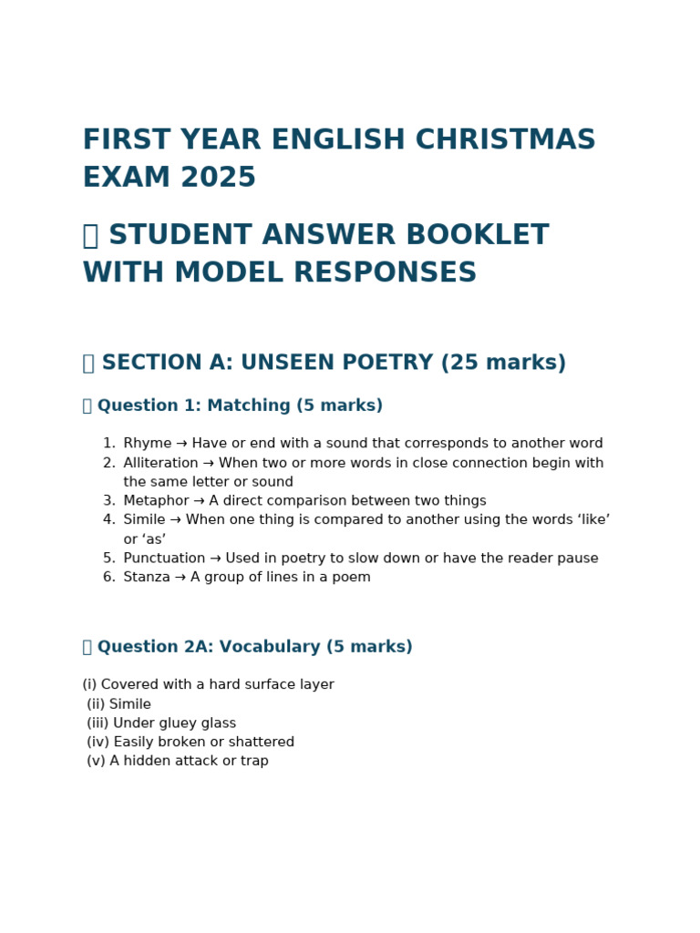 First Year English Christmas Exam 2025 | PDF | Poetry