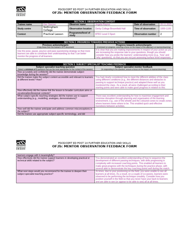 EXEMPLAR OF2b - Mentor Observation Feedback Form | PDF | Learning ...