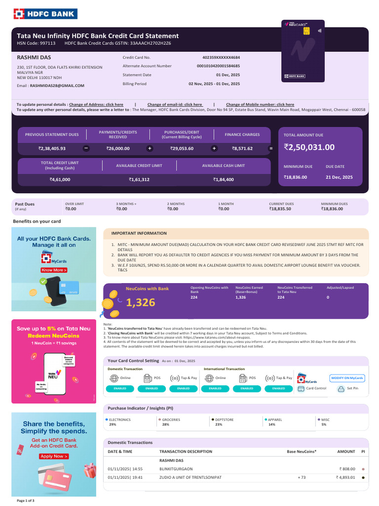 HDFC Credit Card Statement Summary | PDF | Credit Card | Banking