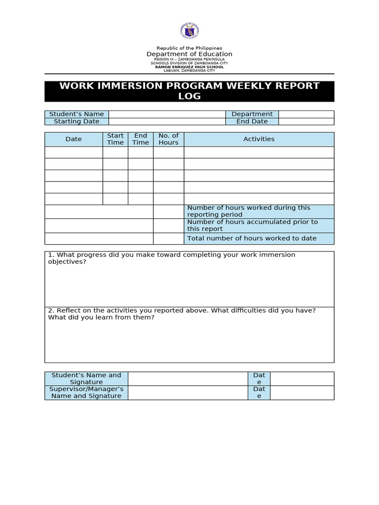 Work Immersion Weekly Report Template | PDF