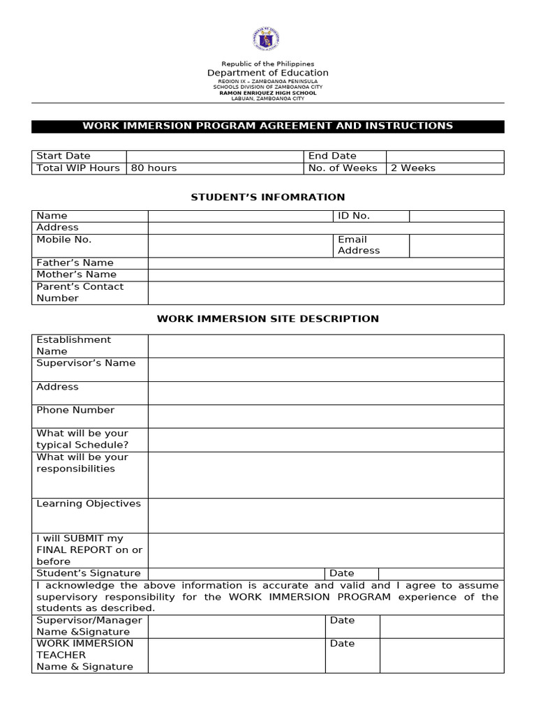 Work Immersion Program Agreement Template | PDF