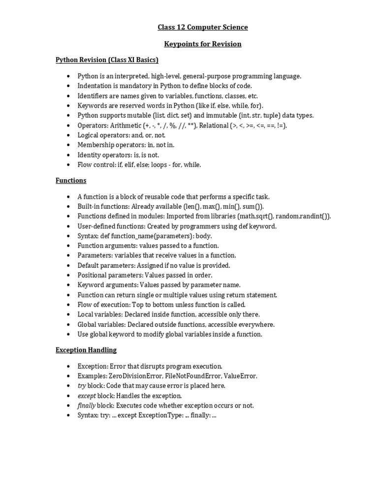 Class12 Cs Keypoints | PDF | Computer Engineering | Object Oriented ...
