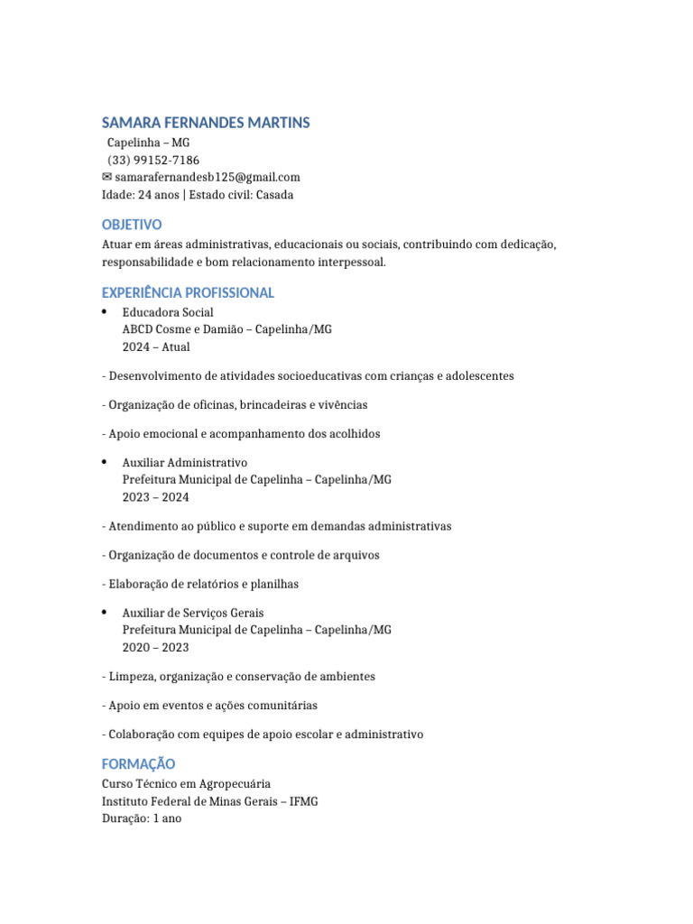 Currículo de Samara Fernandes Martins | PDF