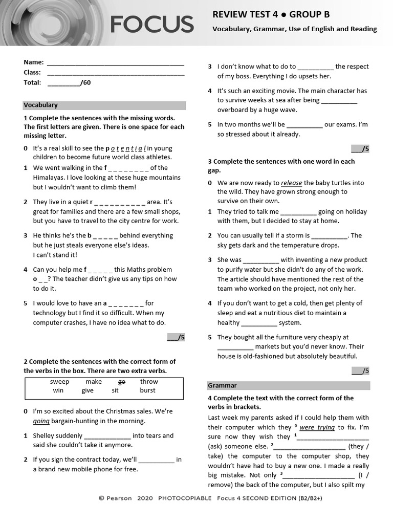 Focus4 2E Review Test 4 Units1 8 Vocabulary Grammar UoE Reading GroupB ...
