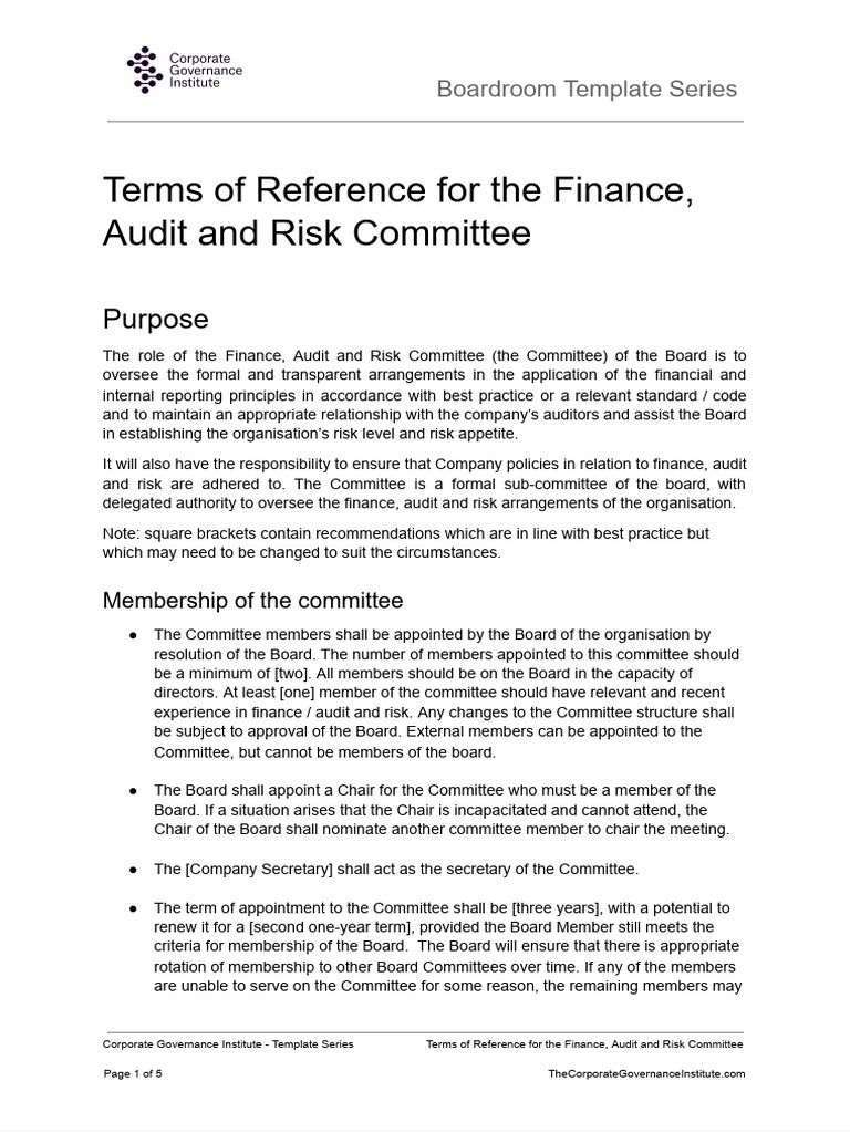 Terms of Reference for the Finance Audit and Risk Committee | PDF ...